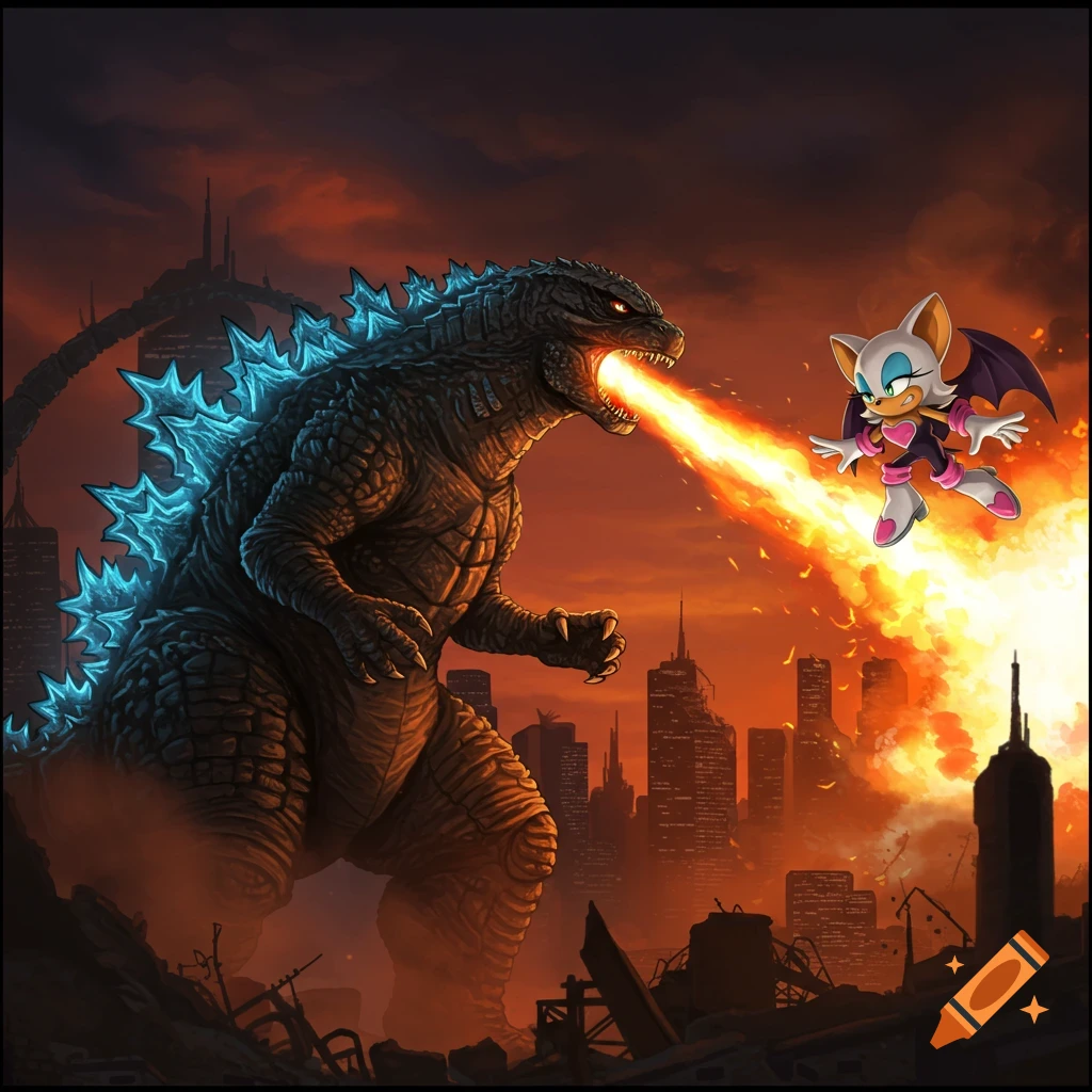 Godzilla breathing fire at Rouge the Bat in a ruined city. on Craiyon