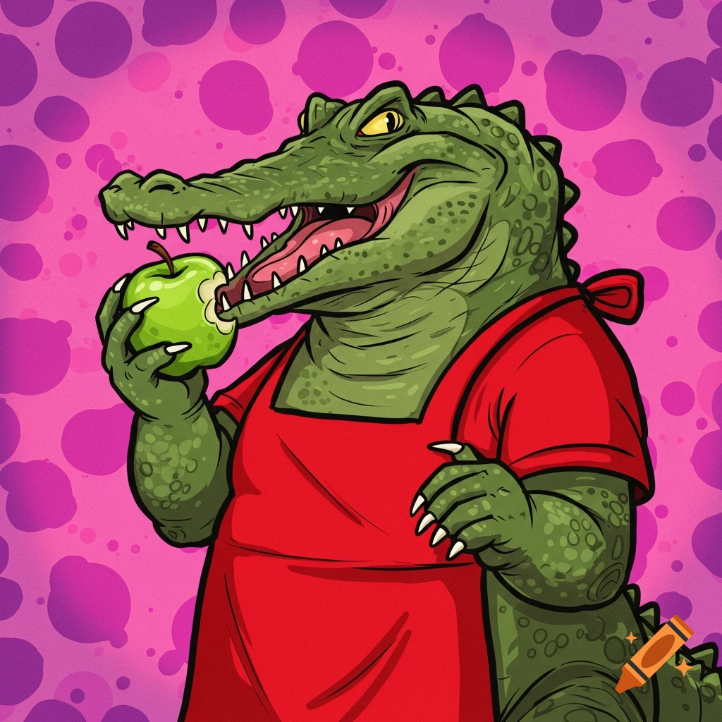Angry alligator eating an apple in an apron on Craiyon