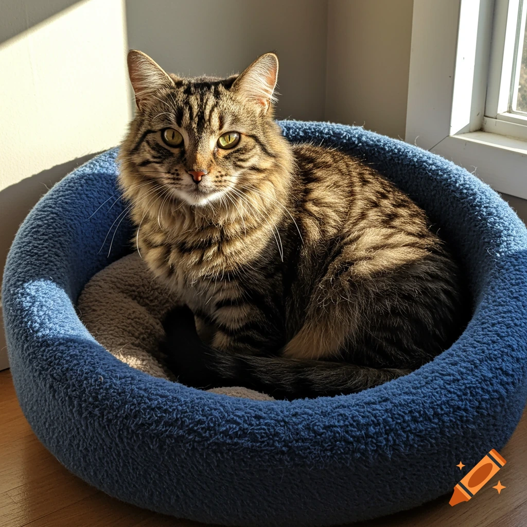 A tabby cat sits in a blue and tan cat bed in sunlight. on Craiyon