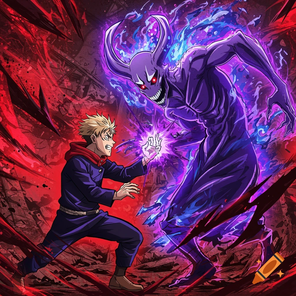 Anime illustration of Satoru Gojo fighting Ryomen Sukuna in an intense ...
