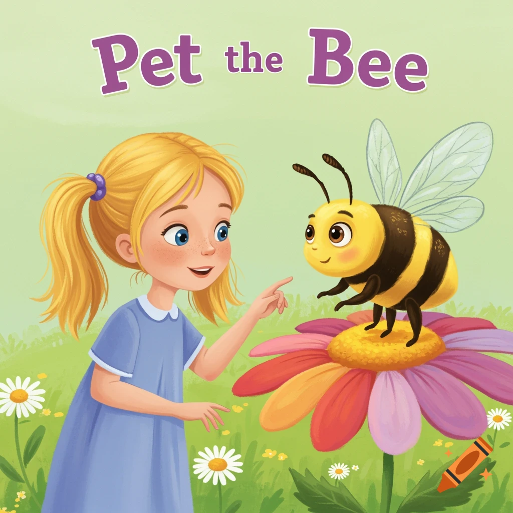Children's book illustration of a girl reaching to pet a cartoon bee on ...