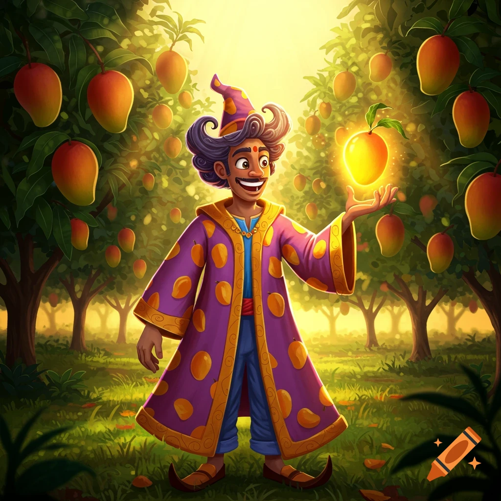 Cartoon fantasy illustration of a smiling wizard in a mango orchard ...