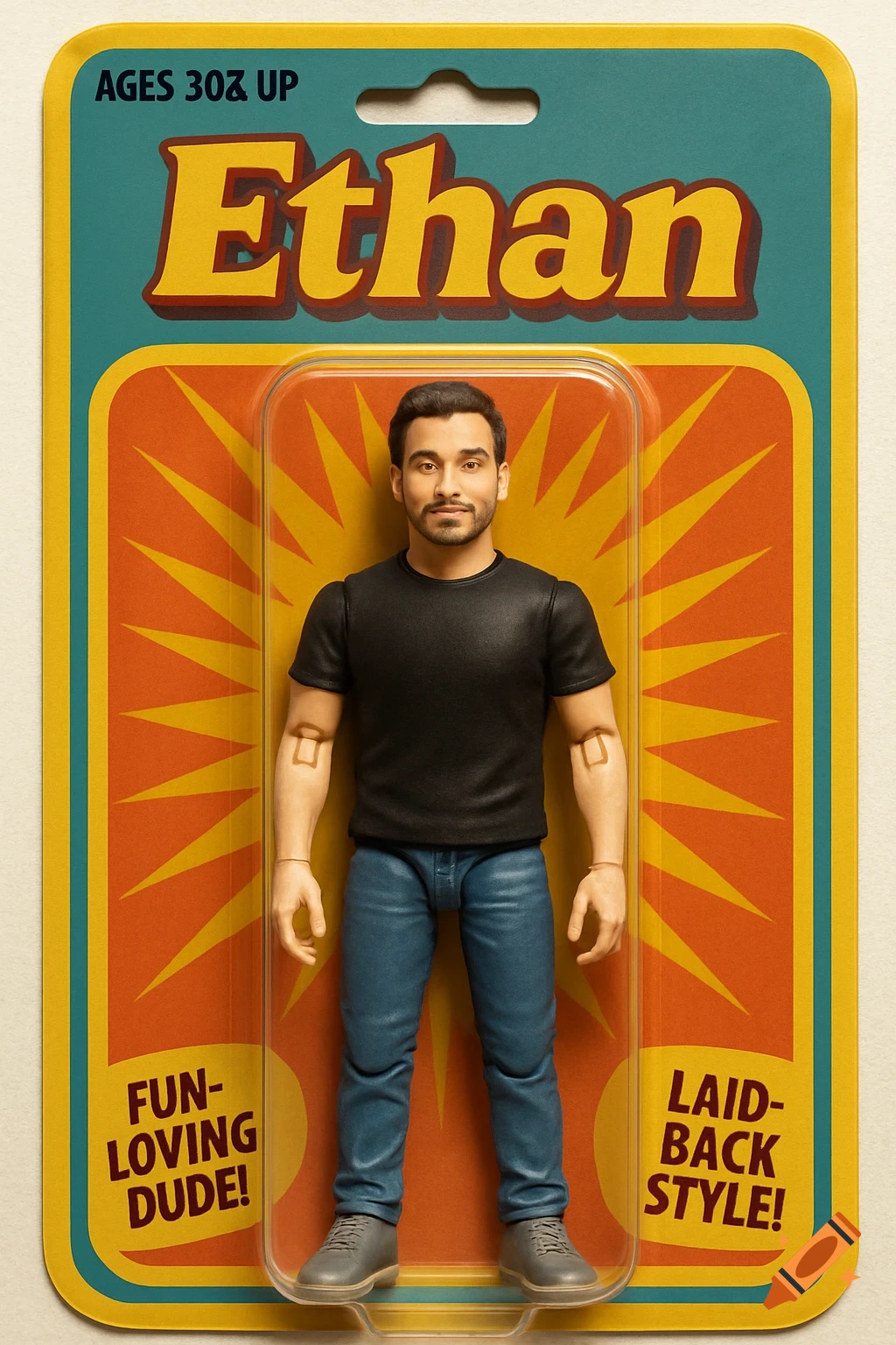 Action figure of Ethan in original packaging on Craiyon