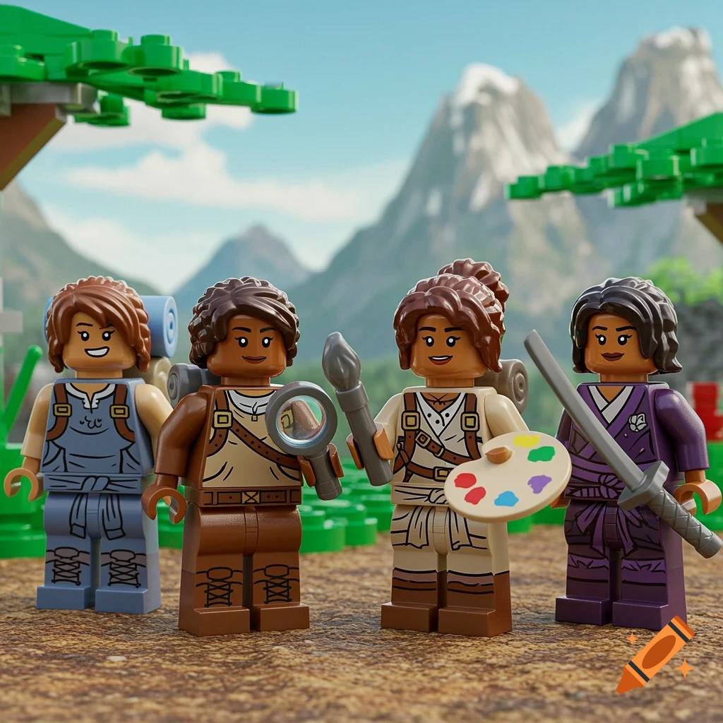 Four Lego girl minifigures (hiker, explorer, artist, samurai) stand in a mountain landscape. on ...