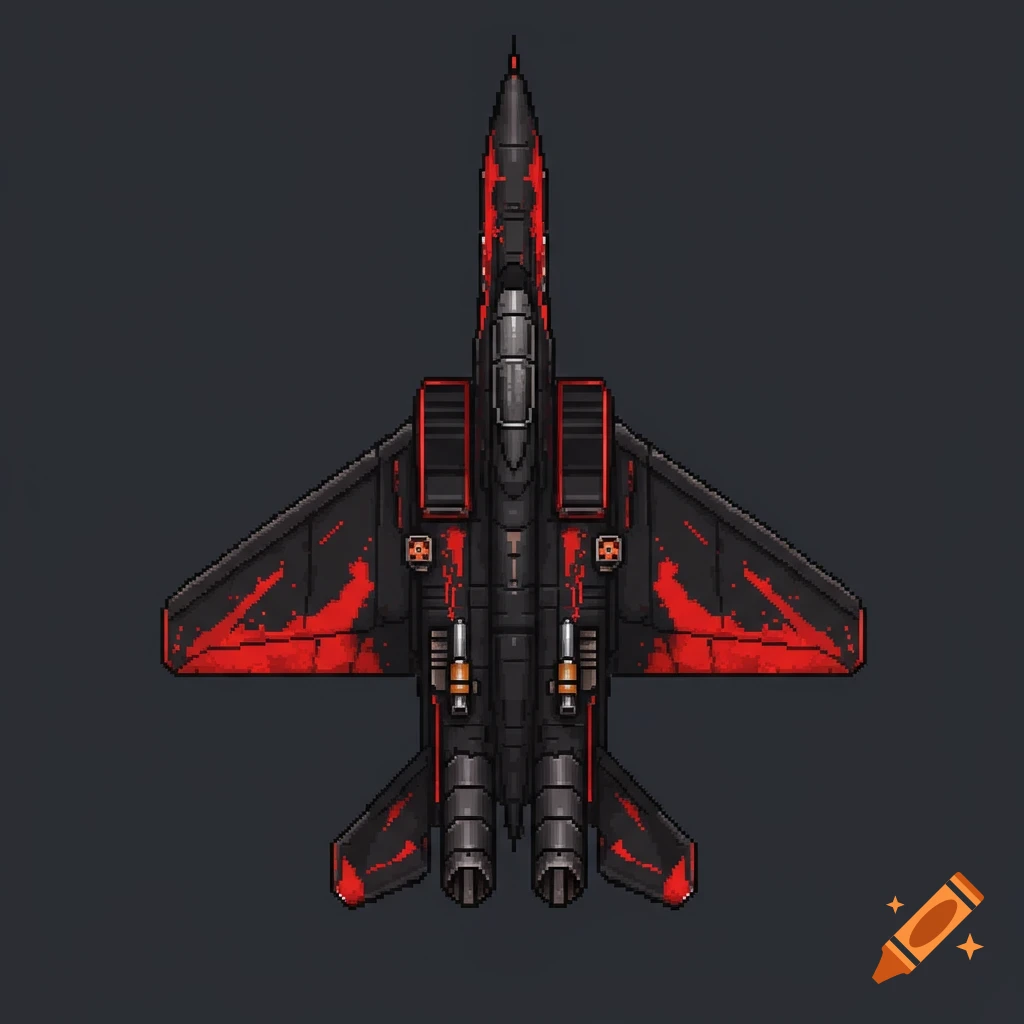 Top-down pixel art of a black and red jet fighter on Craiyon