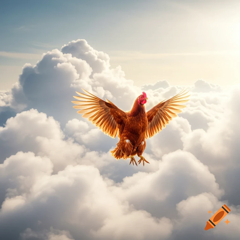 A photorealistic image of a brown chicken flying high in the sky ...