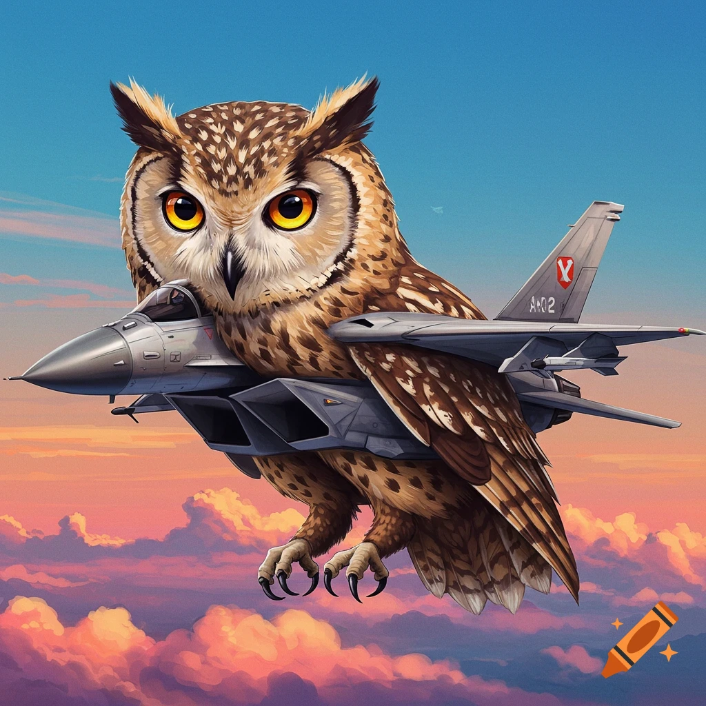 A surreal airplane with a human head in the cockpit area flies through a cloudy sky at dusk. on ...