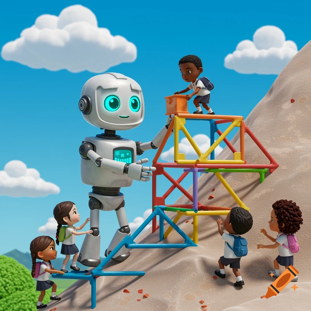 Cartoon robot and children building a colorful structure on a hill. on ...