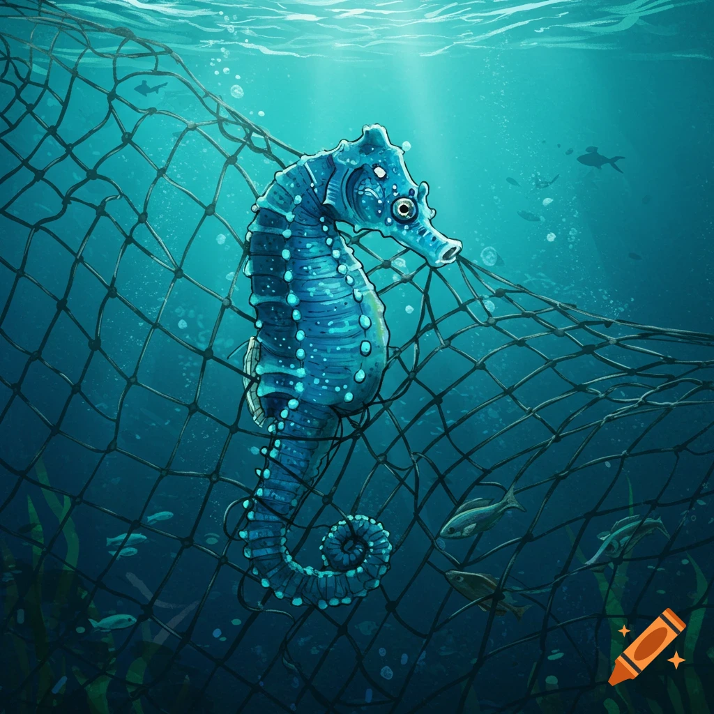 A whale swims underwater near a fishing net and coral reef with smaller ...