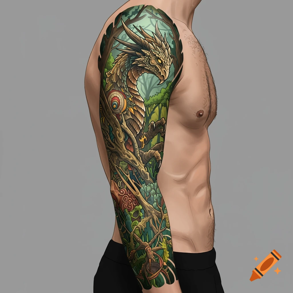 Half-sleeve tattoo on a man's arm, featuring a detailed fantasy dragon ...