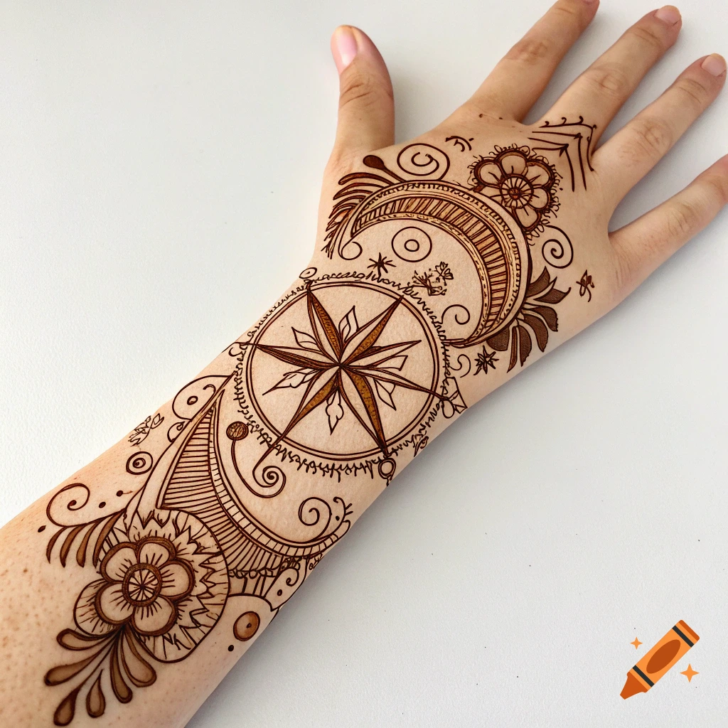 Close-up of a hand and forearm with intricate brown henna art featuring ...