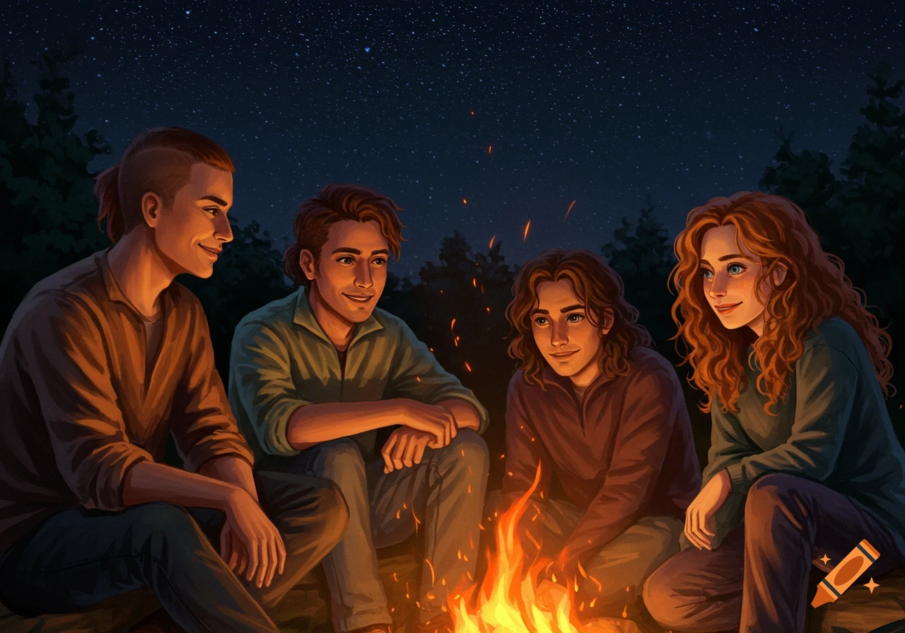 Four people sit around a campfire under a starry night sky. on Craiyon