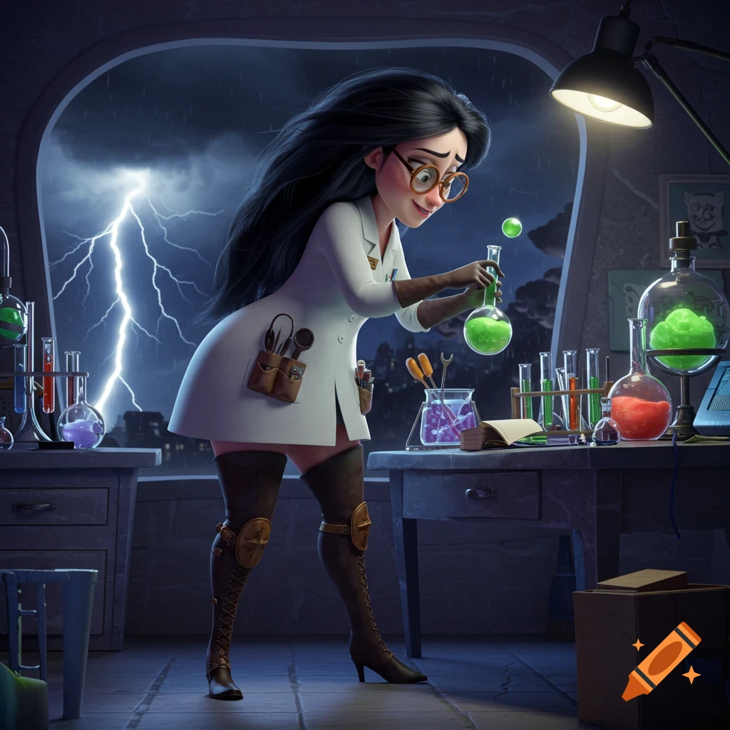Cartoon female scientist mixes chemicals in a lab during a lightning storm on Craiyon
