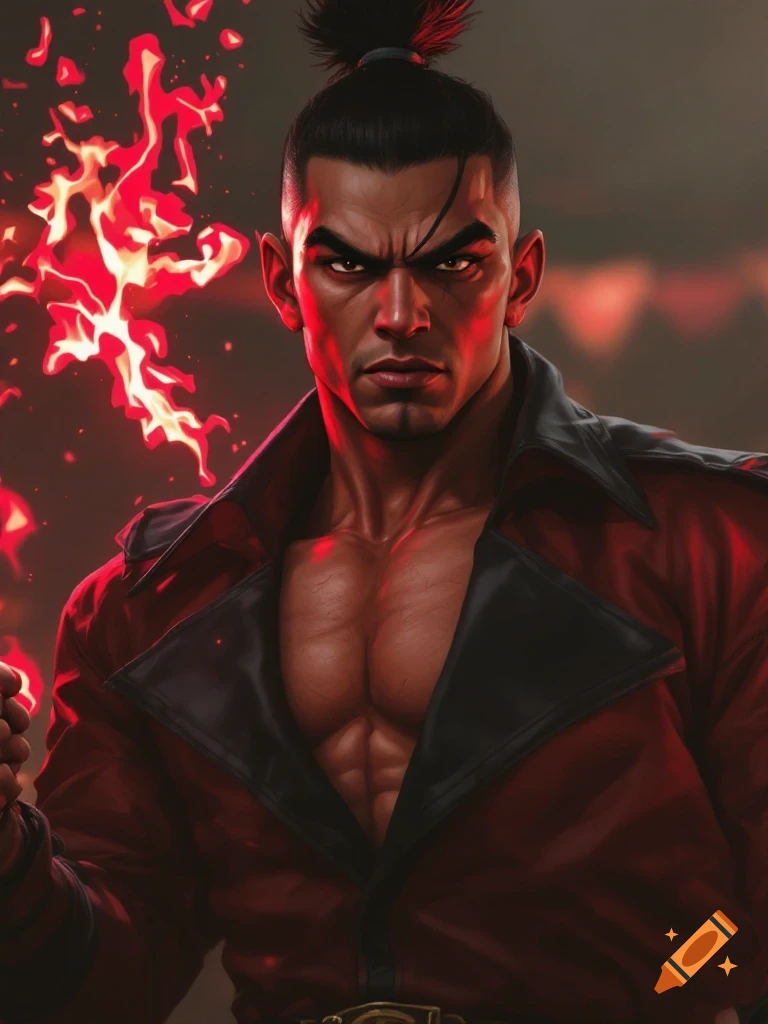 A muscular man with a topknot, red jacket, and fiery energy. on Craiyon