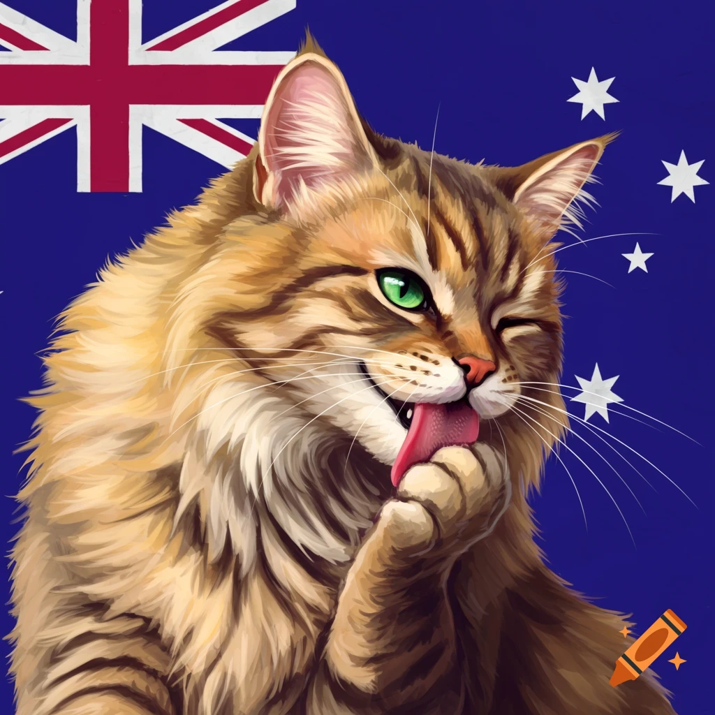 Elegant cat winking and licking paw with Australian flag background on ...