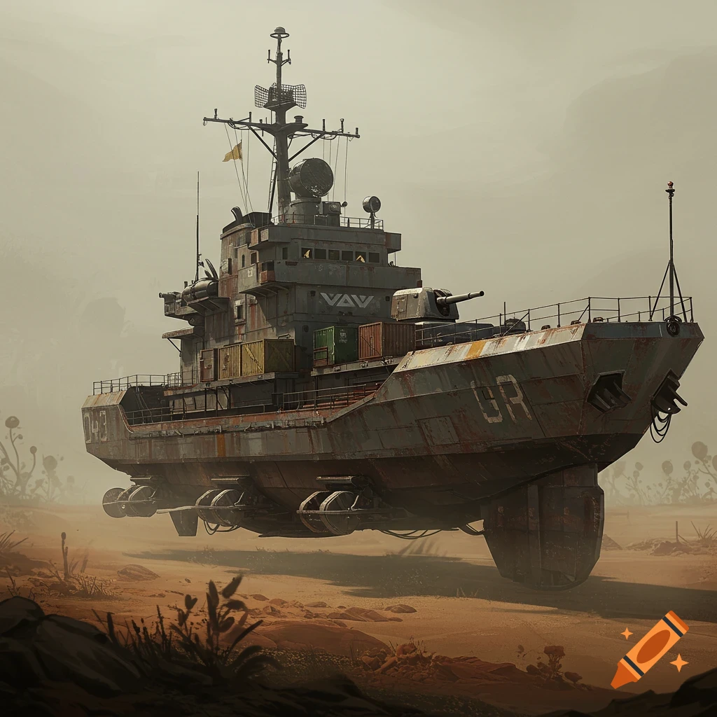 A rusty sci-fi cargo ship hovering over a desert. on Craiyon