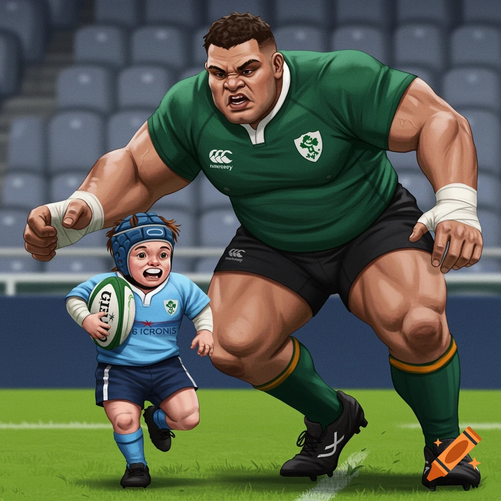 A small kid playing rugby against a massive muscular adult player. on ...
