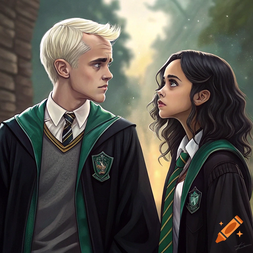 Illustration of two students in green fantasy school robes facing each ...