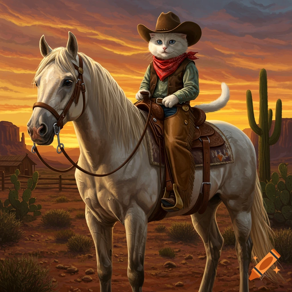 A cartoon black cat wearing a cowboy hat and red bandana rides a white ...