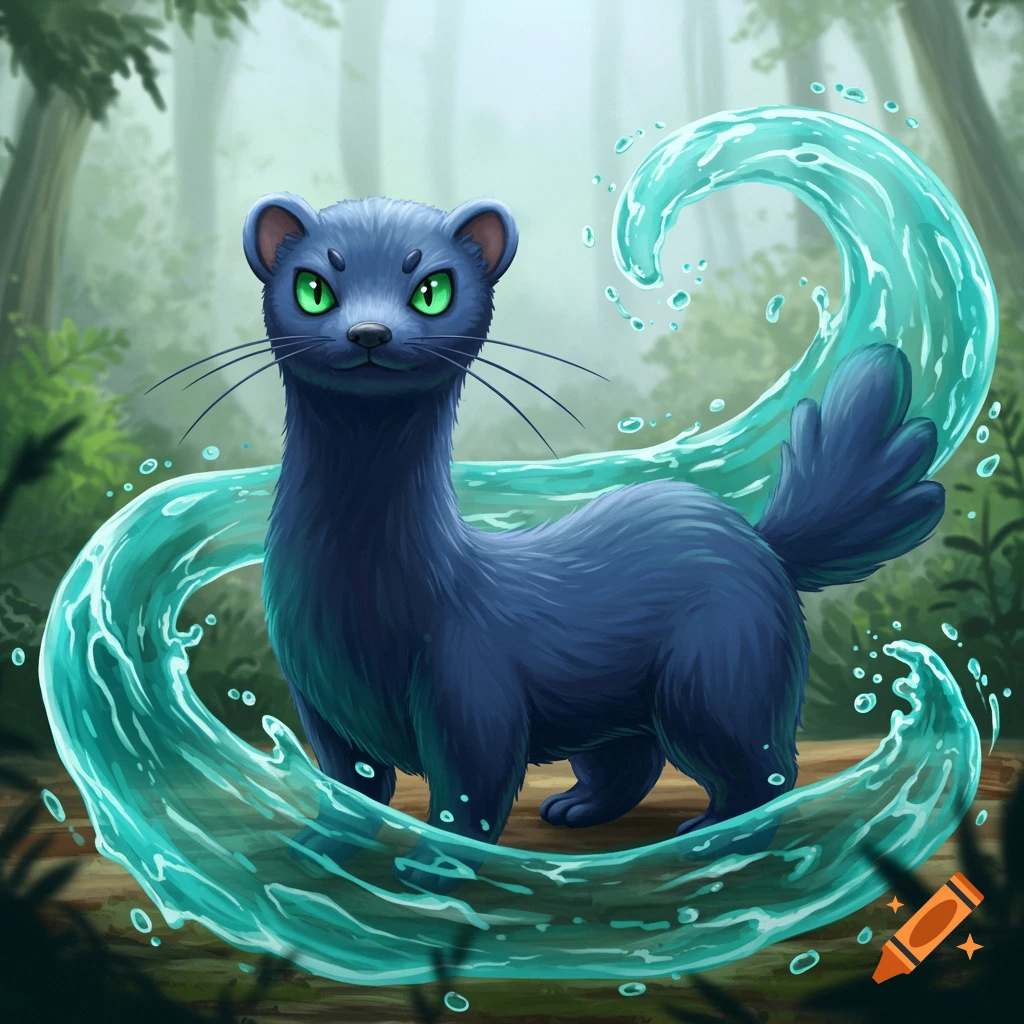 A brown weasel with bright eyes standing on a log in a dark green ...