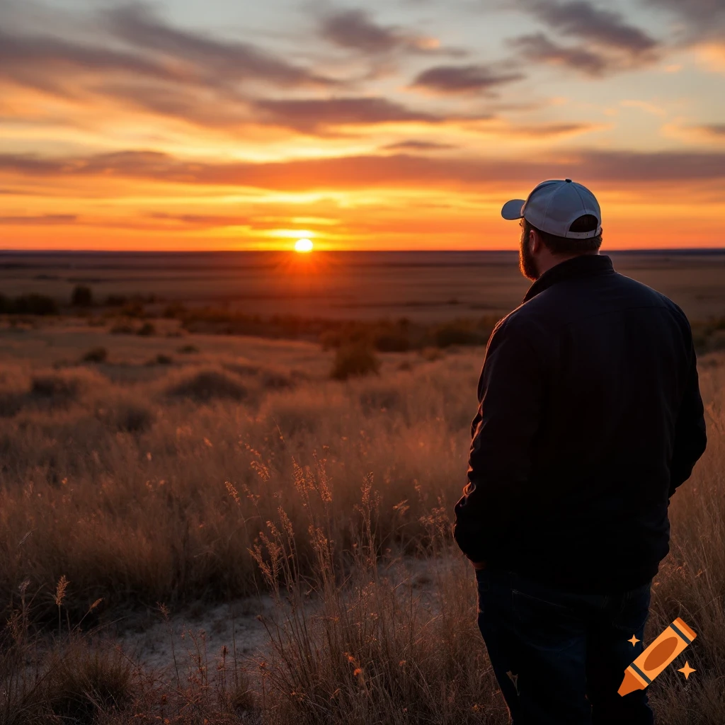 A man in a red baseball cap stands on a beach watching a sunset. on Craiyon