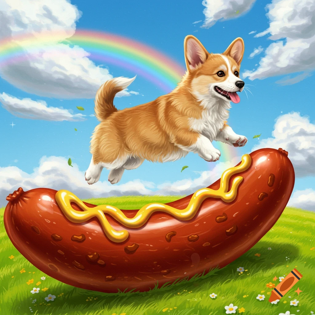 Digital painting of a corgi puppy jumping over a giant hot dog with ...