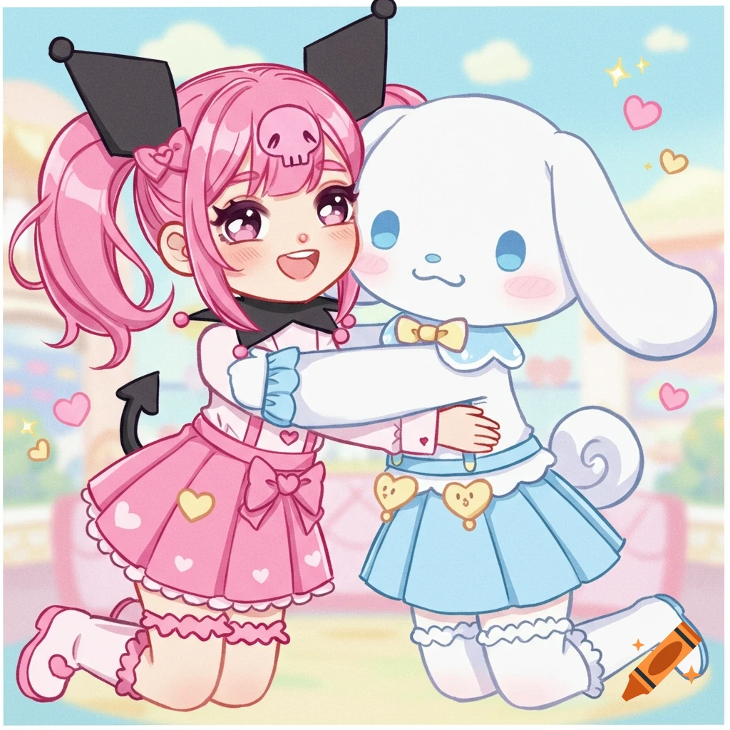 Anime style illustration of two cute girls resembling Kuromi and ...