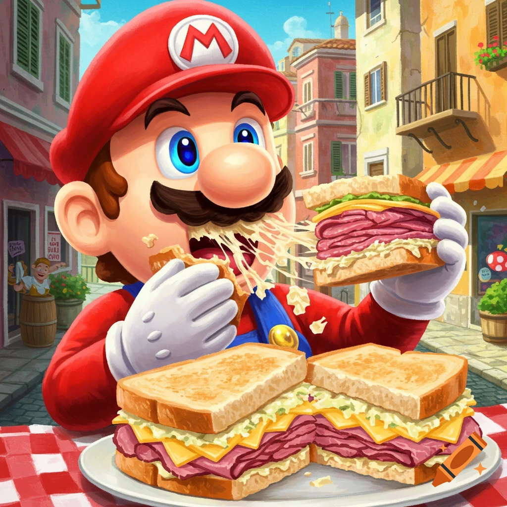 Super Mario eating a large sandwich in an Italian street scene. on Craiyon