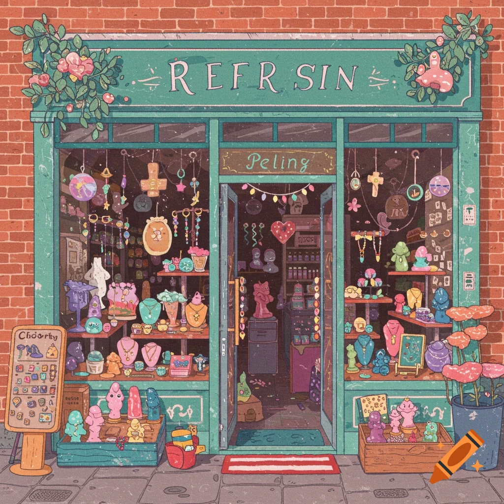 A colorful, whimsical image of a cute storefront filled with trinkets ...