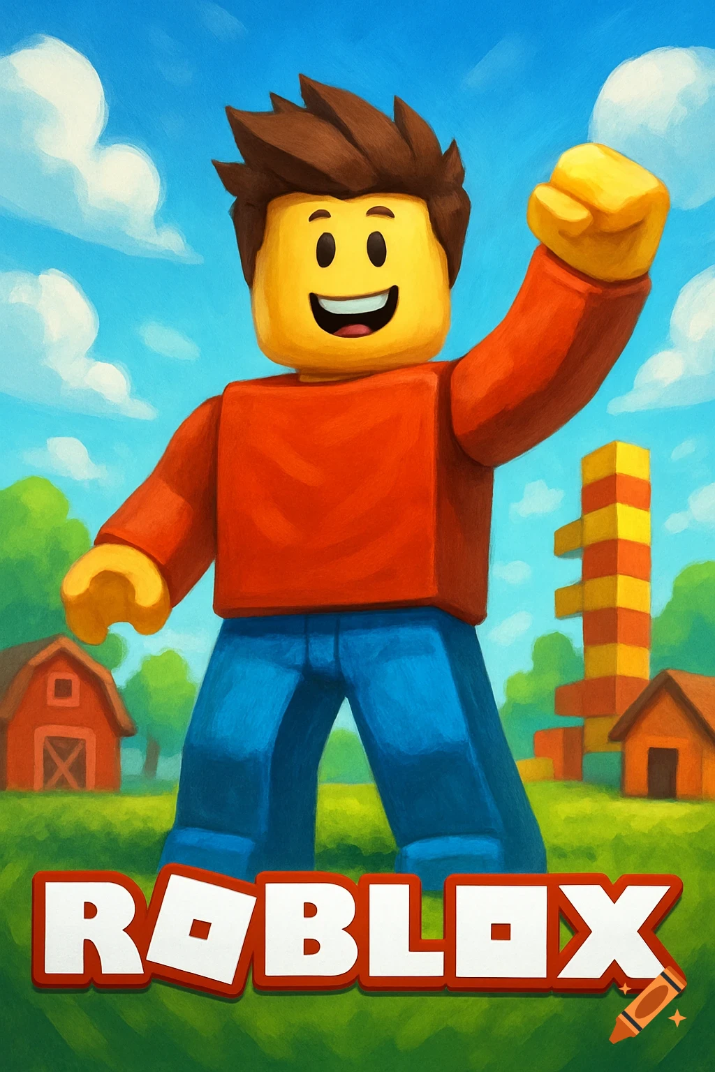 A Roblox character waves in a sunny landscape with buildings and the ...