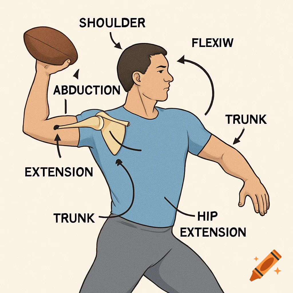 Labeled diagram of joint movements during an overhead football throw ...