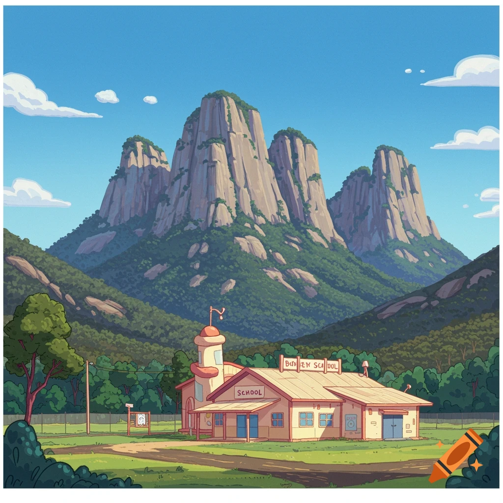 Cartoon school building in a valley with large mountains behind it ...