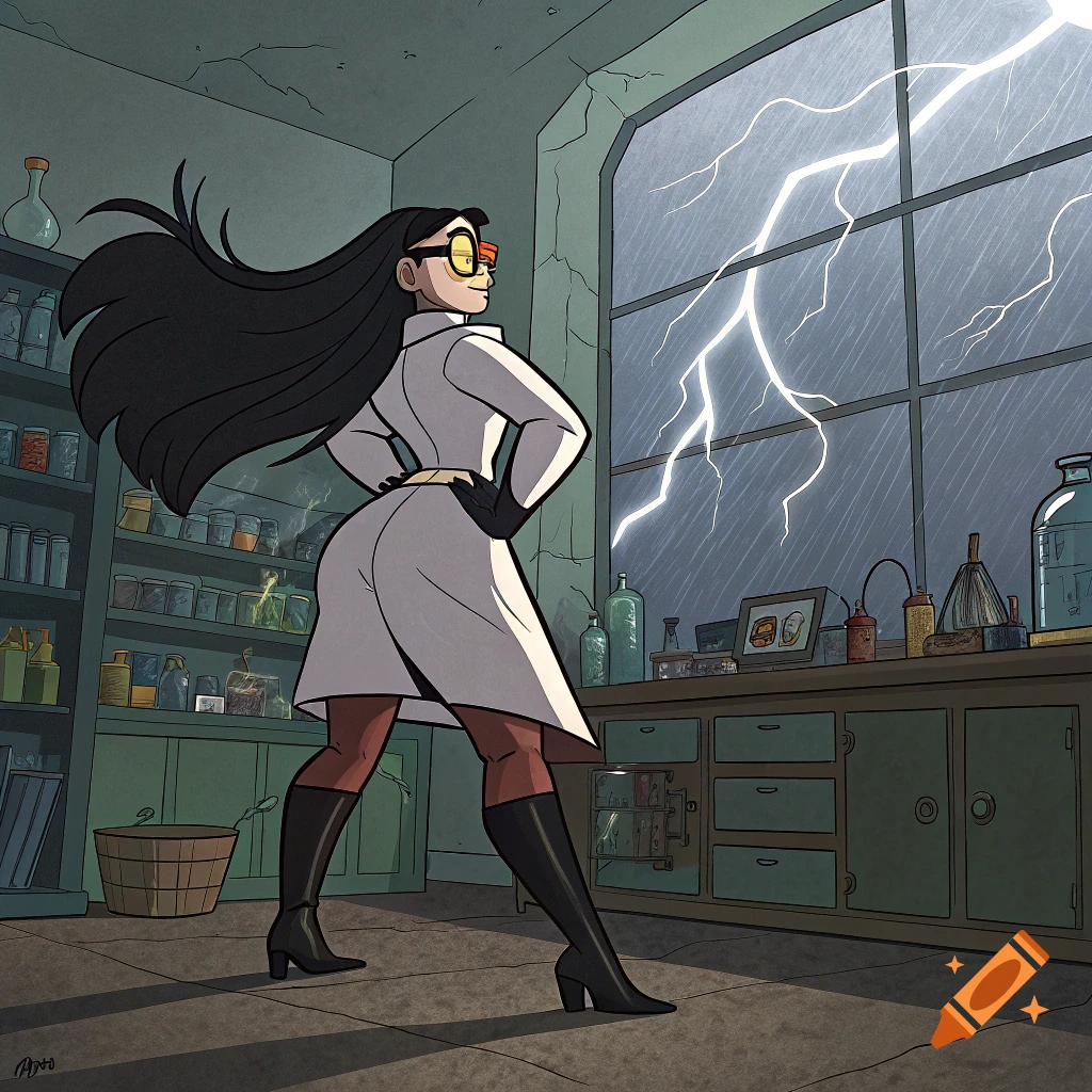 Pixar-style female mad scientist with wide hips in laboratory on Craiyon