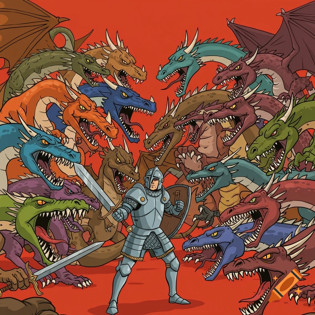 A vector illustration of a knight facing a large army of colorful ...