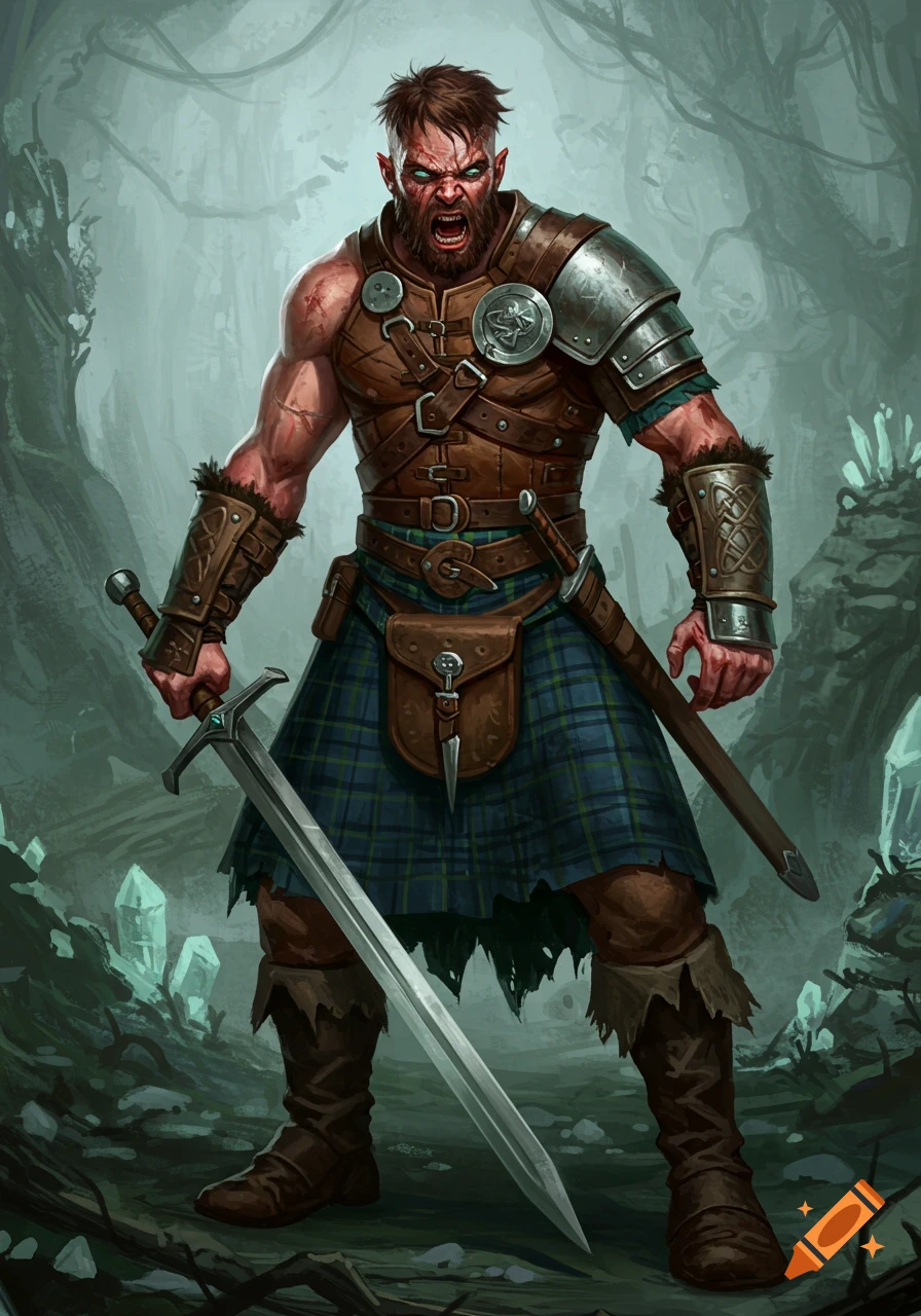 A muscular fantasy warrior in a kilt and armor, holding a sword and ...