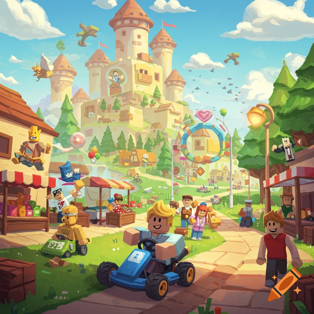 Blocky Roblox-style characters in a colorful town square playing on a ...