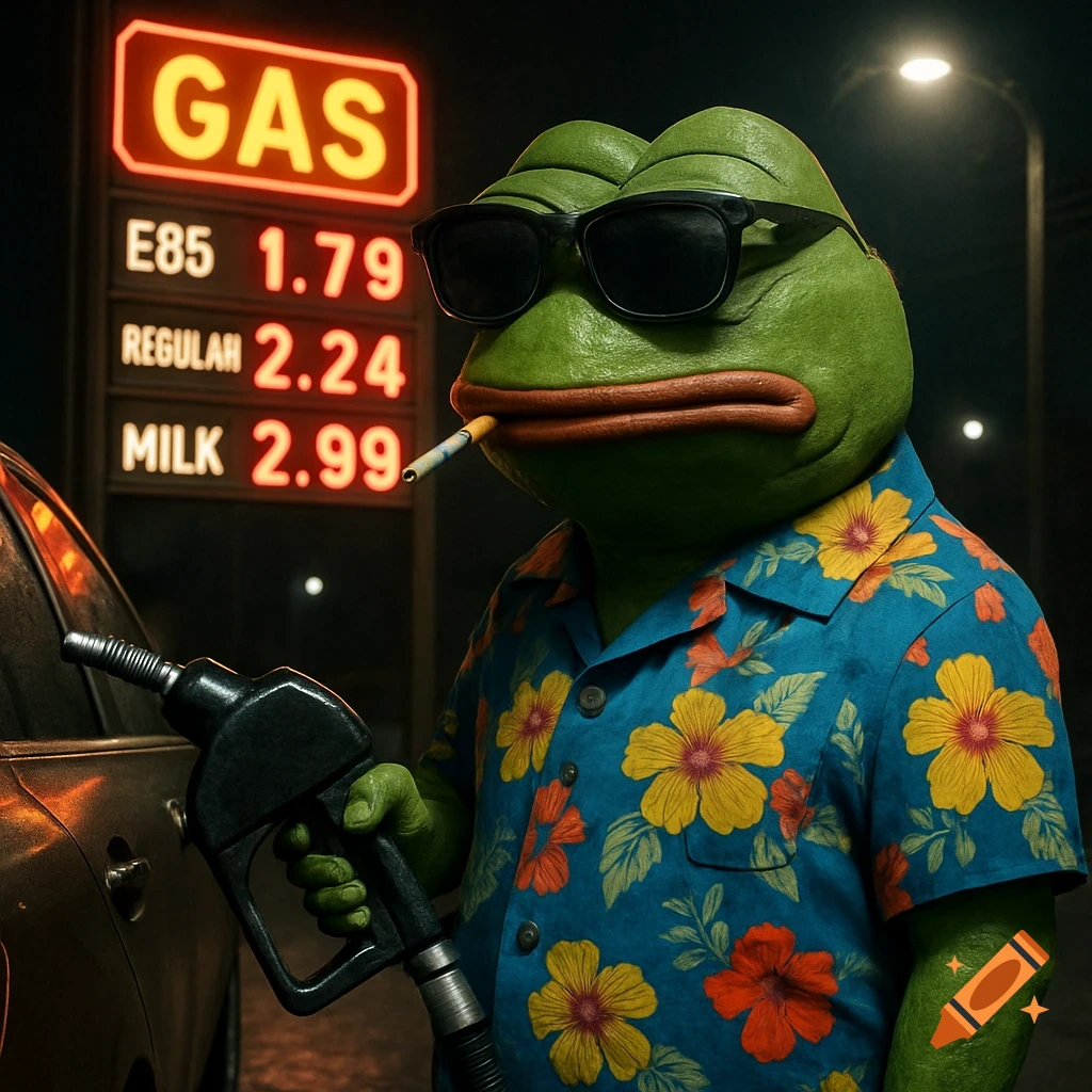 Pepe the Frog in sunglasses and Hawaiian shirt fueling car at gas ...
