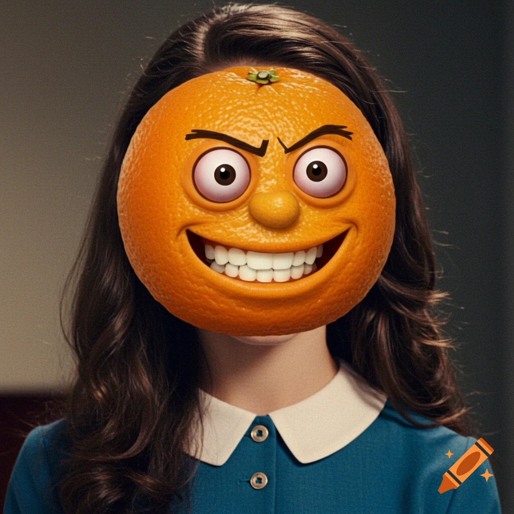 Photorealistic portrait of a person with an orange face, wearing a blue ...