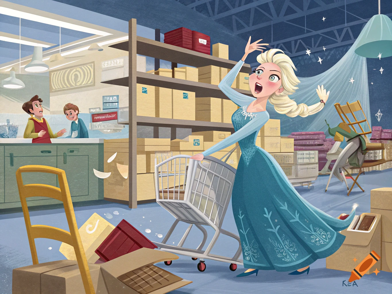 Cartoon illustration of Elsa from Frozen making a mess in a store aisle ...