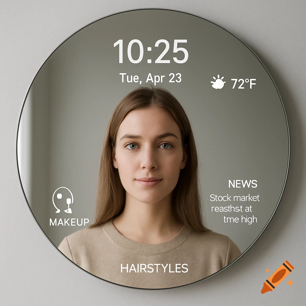 Woman looking into a round smart mirror displaying time, weather, news ...