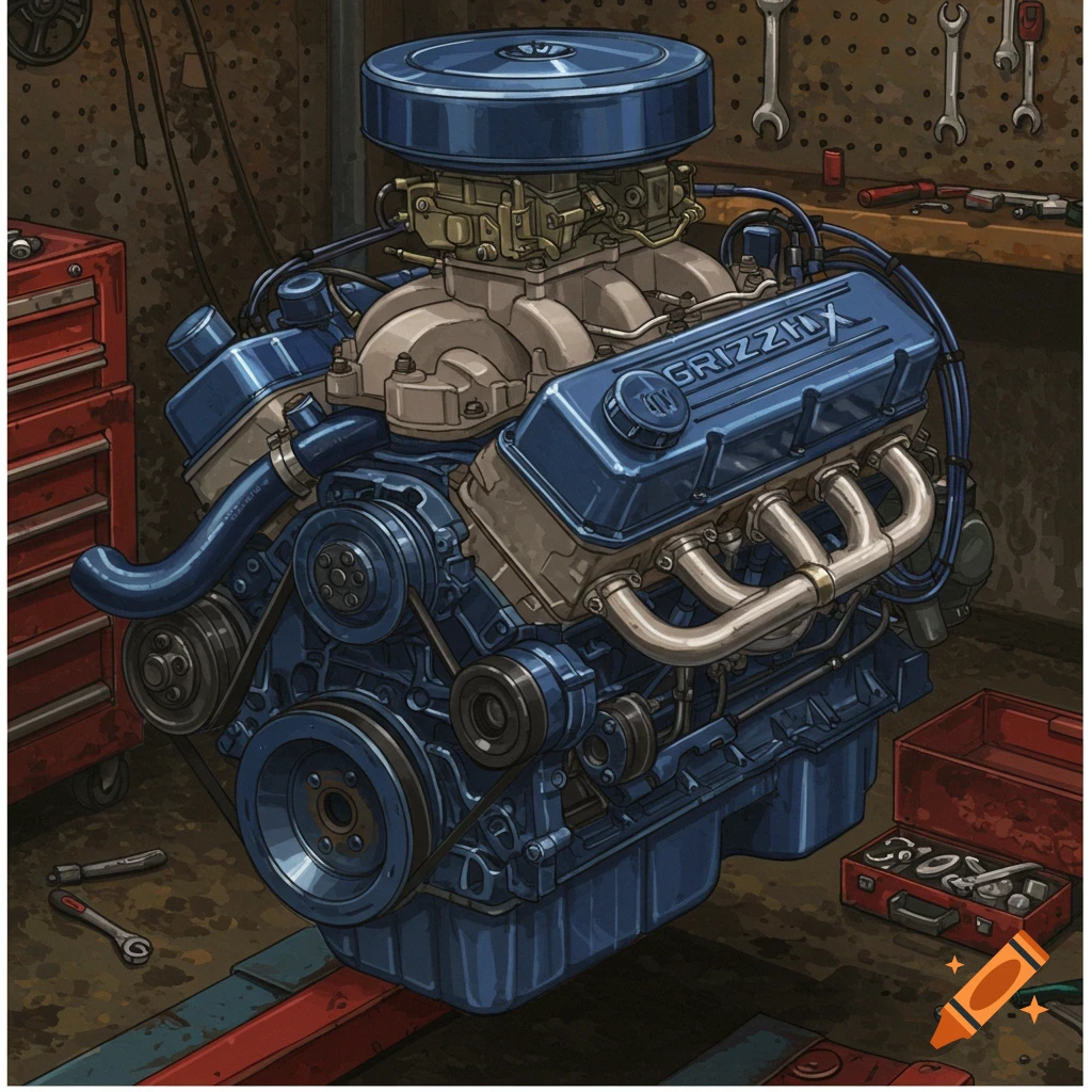 A blue V8 engine sits on a stand in a garage. on Craiyon