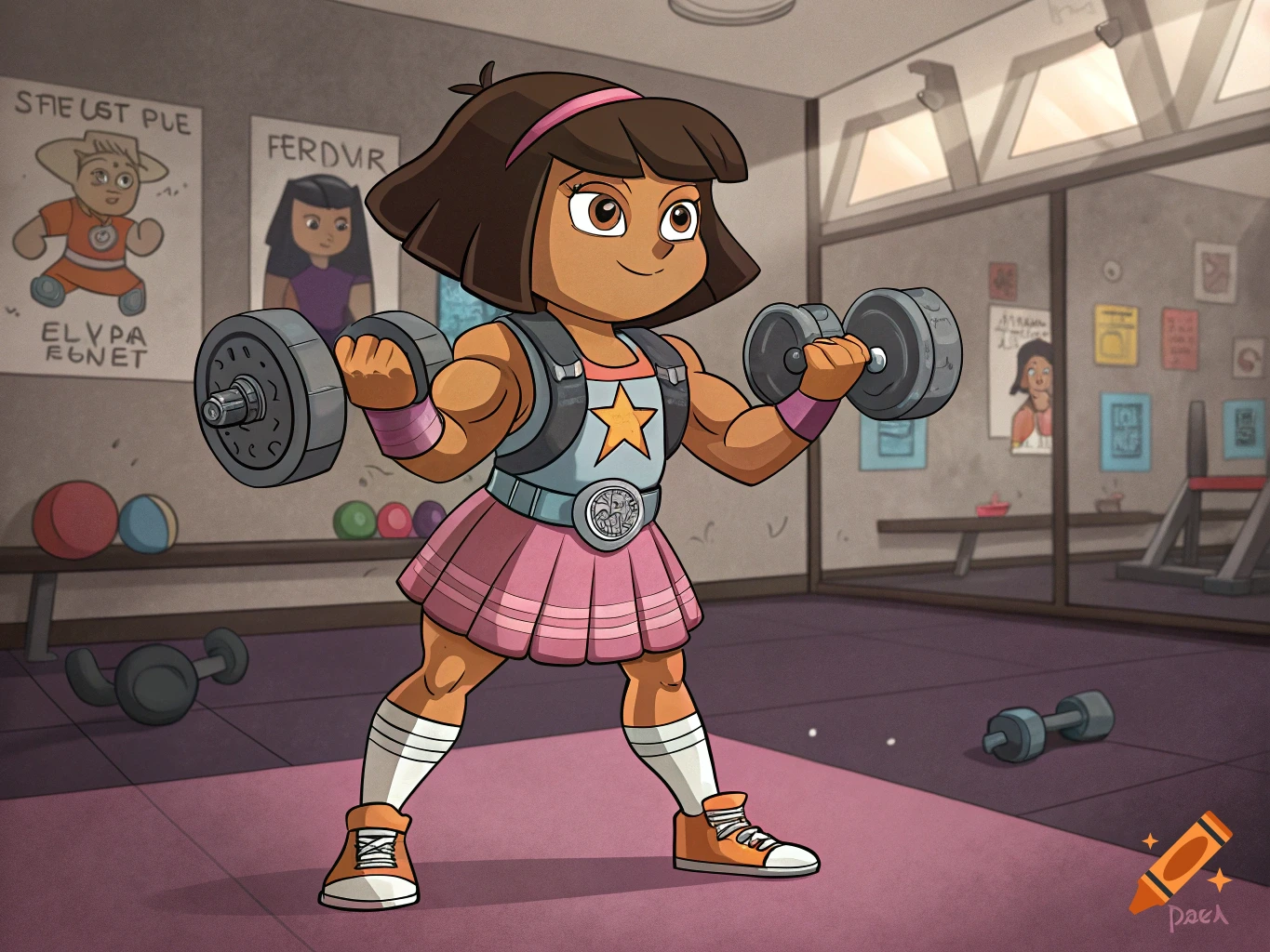 Cartoon of Mulan and another woman flexing their biceps in a gym with ...