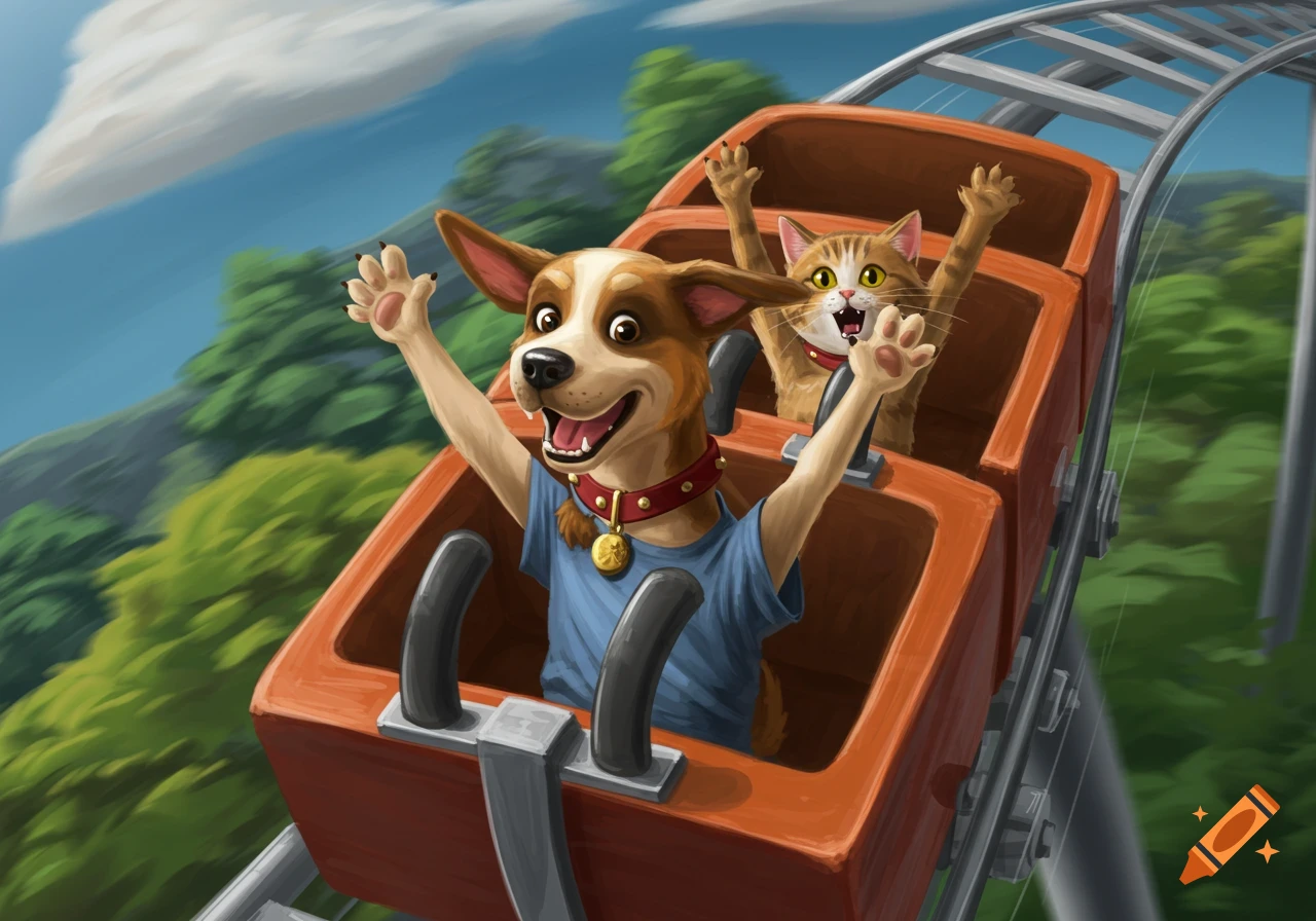 A dog and cat are riding a rollercoaster downhill with arms raised and ...