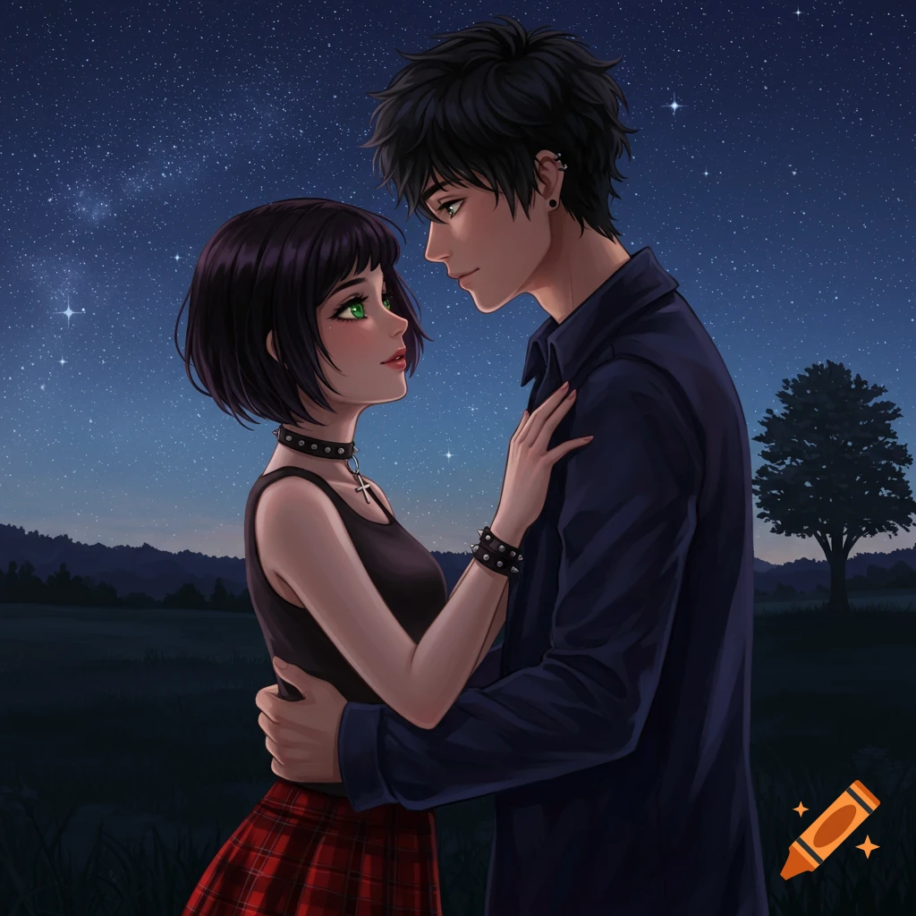 A young anime couple embraces under a starry night sky. on Craiyon