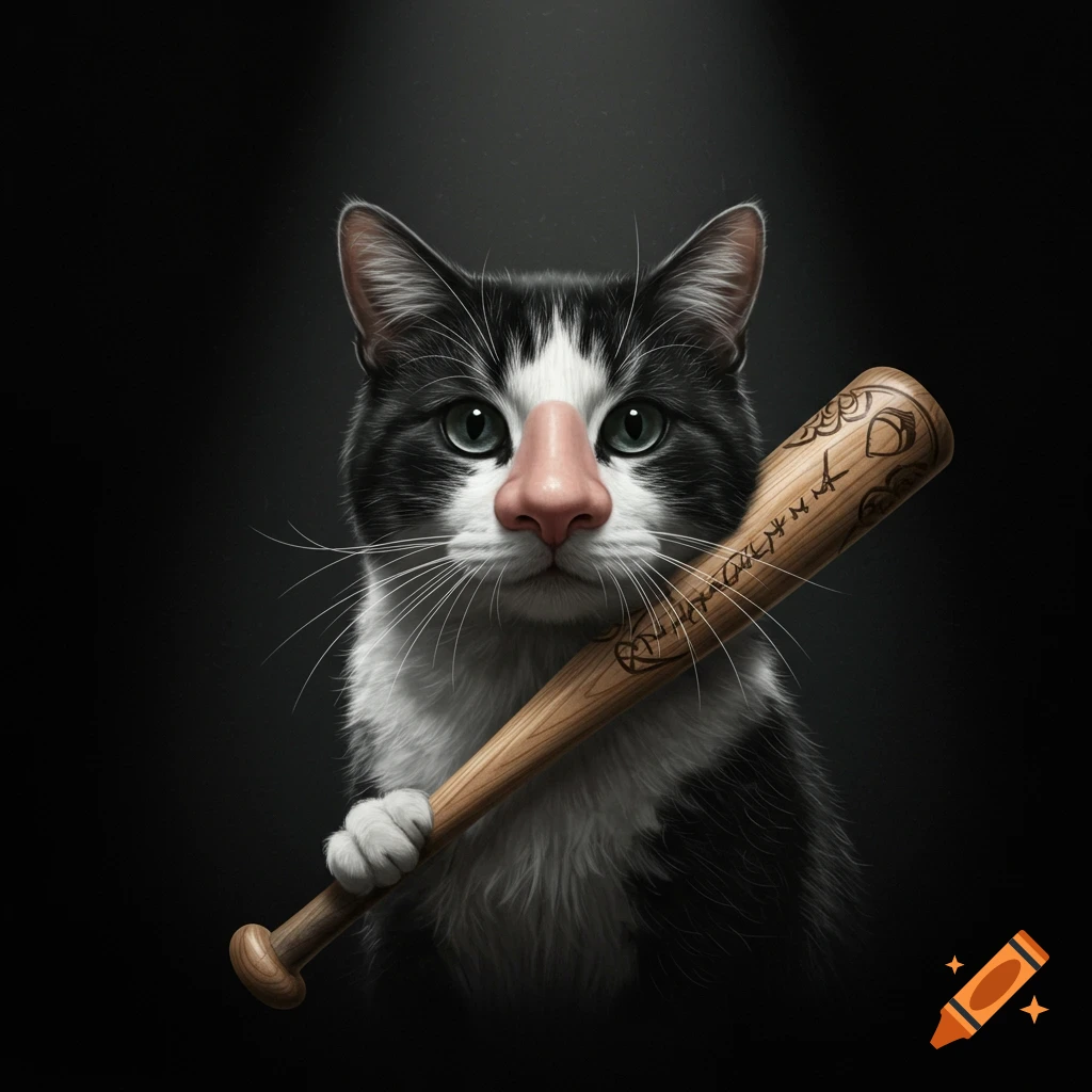 Black and white cat with a human nose holding a baseball bat. on Craiyon