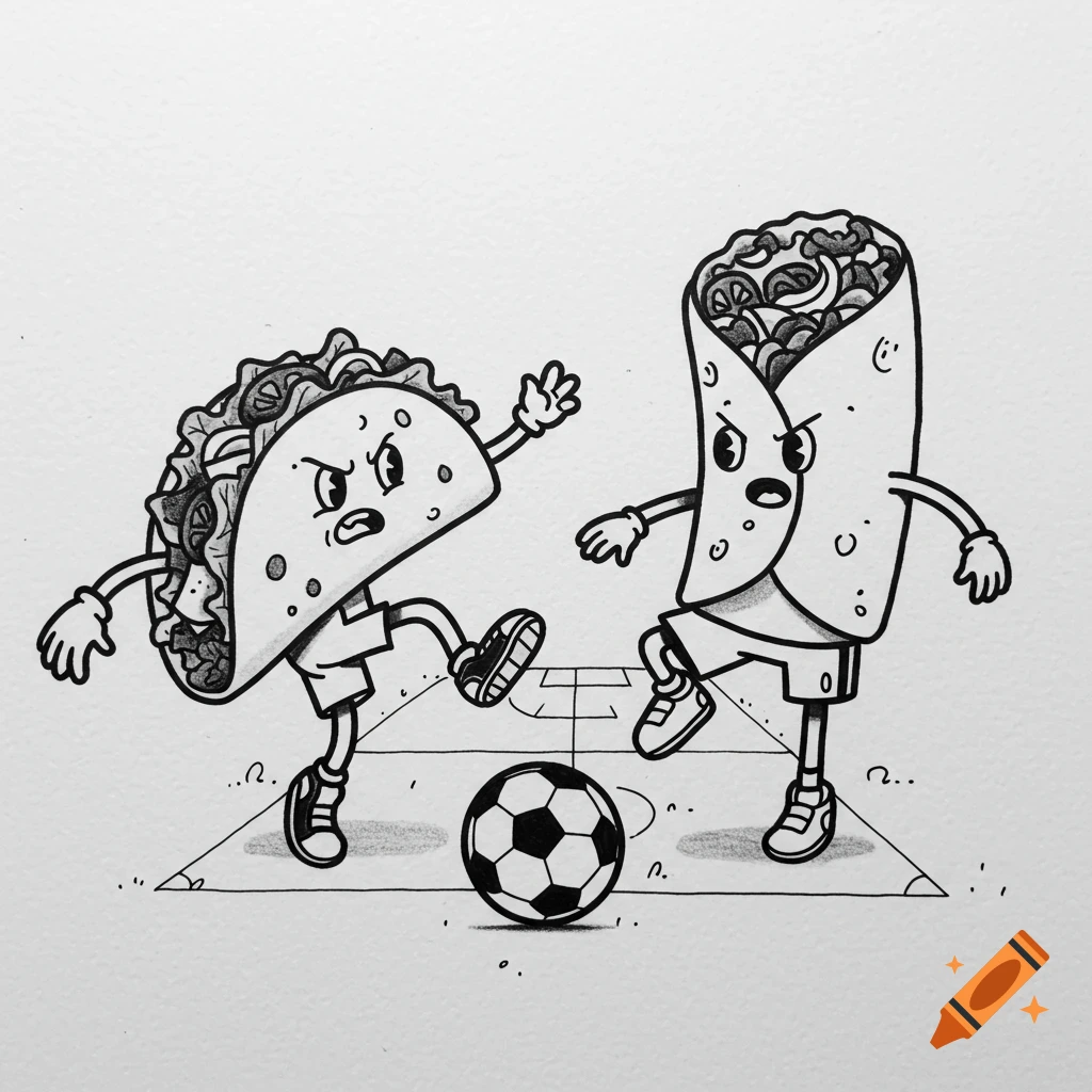 Black and white line drawing of a cartoon taco and burrito playing ...