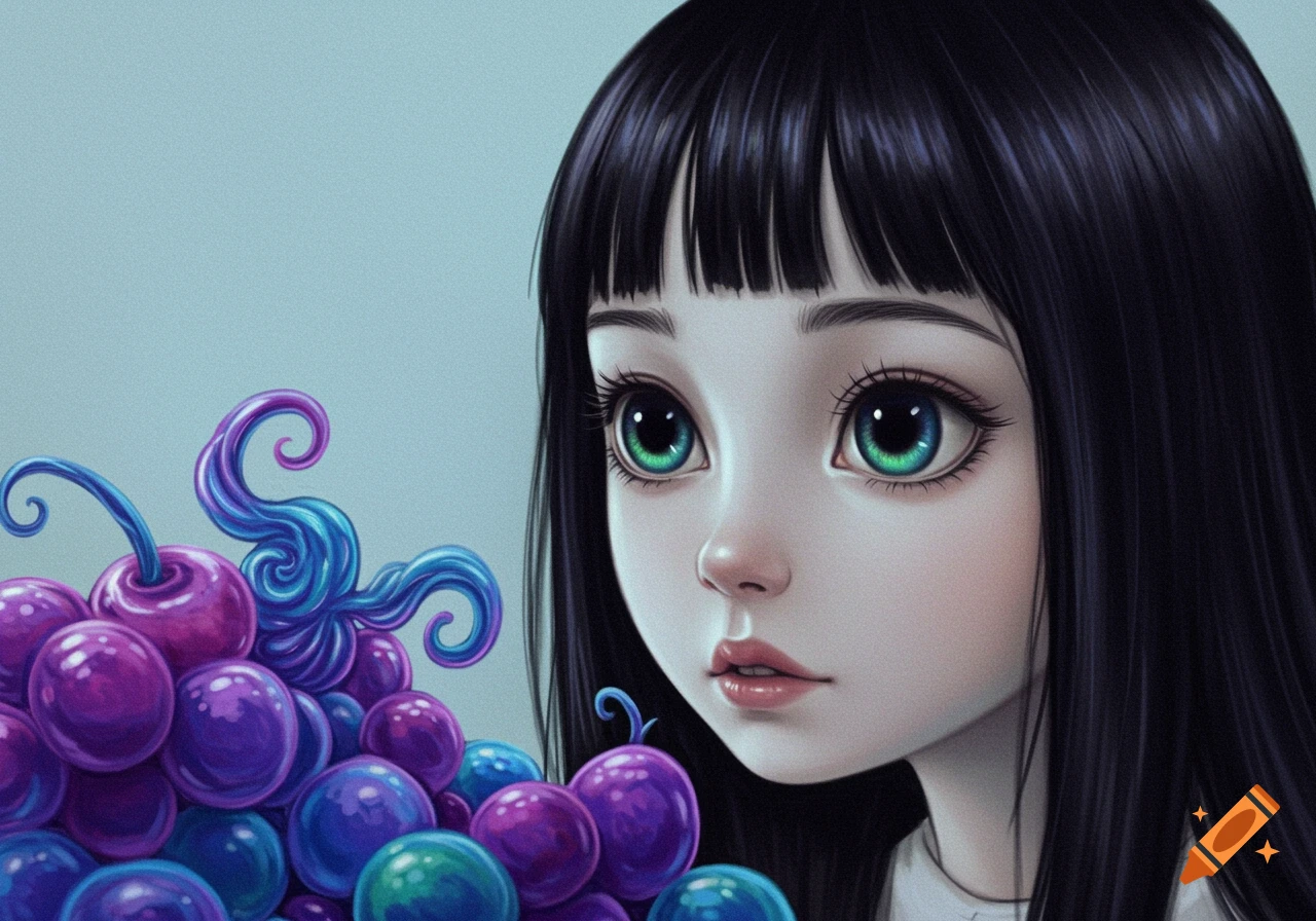 Pastel and charcoal drawing of a girl looking at colorful fruit on Craiyon