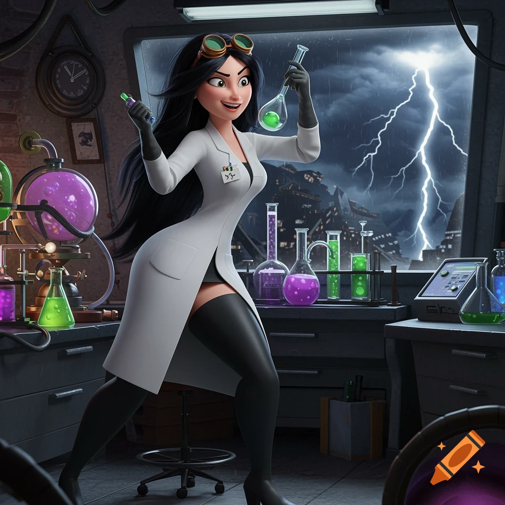Pixar-style female mad scientist with wide hips in laboratory on Craiyon