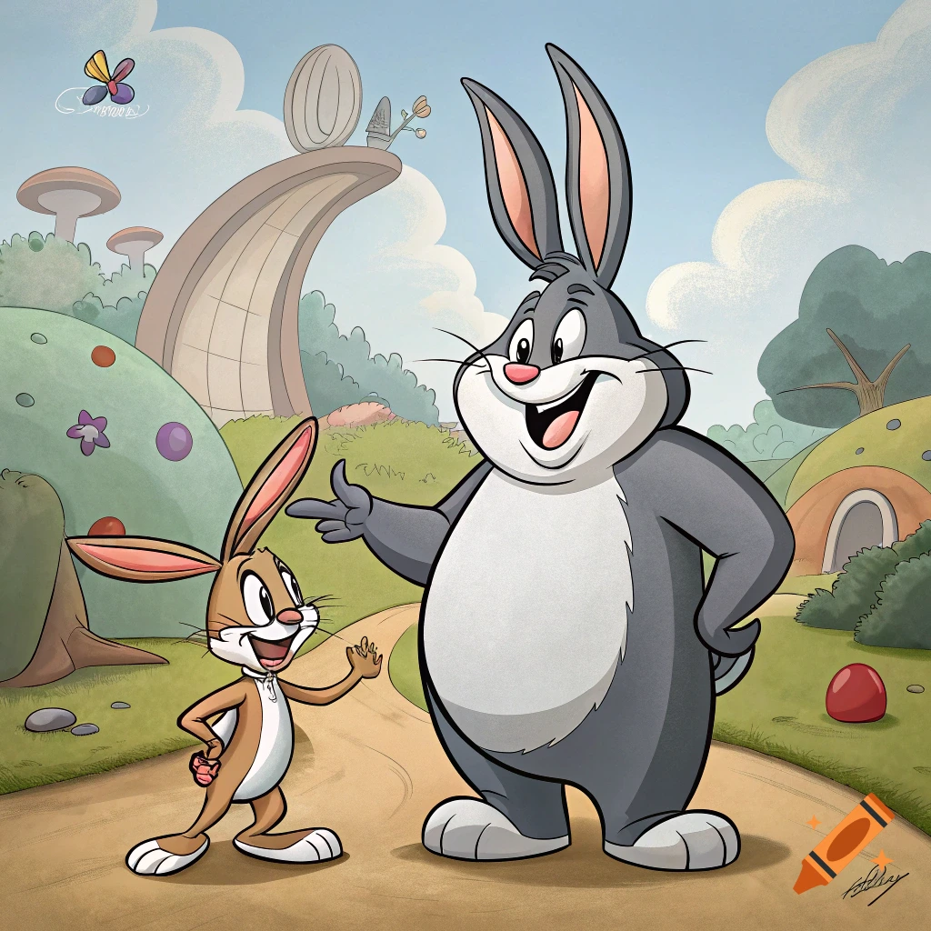 Big Chungus and Bugs Bunny cartoon characters stand on a path in a whimsical landscape. on Craiyon
