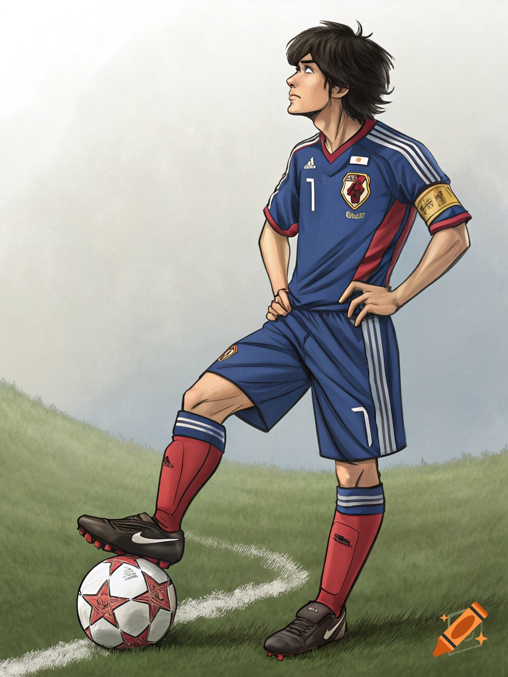 Anime character studies of a blond man in a black and blue sports ...